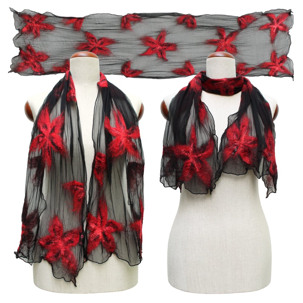 Seidenschal Blüten Schwarz-Rot - P.E.B. Design-Shop